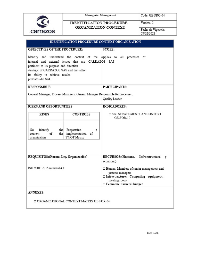 Procedure-Context-of-the-Organization-GE-PRO-04 | PDF | Swot Analysis ...
