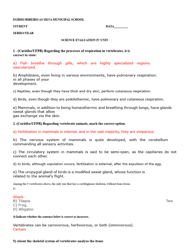 7th Grade Science Assessment | PDF | Vertebrates | Skeleton