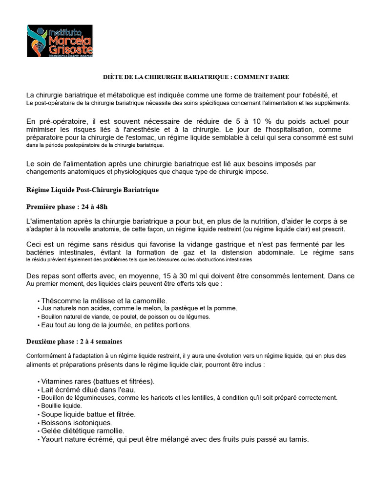Guide de la diète post-chirurgie bariatrique | PDF | Boisson | Jus