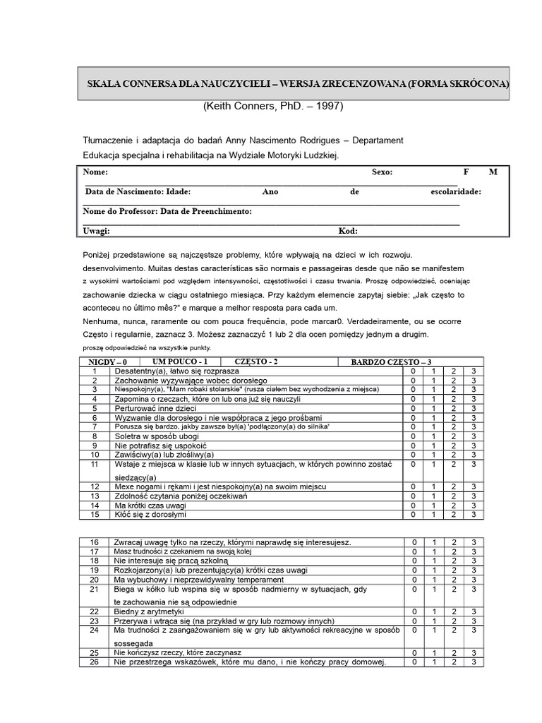 Skala Connersa Dla Nauczycieli | PDF