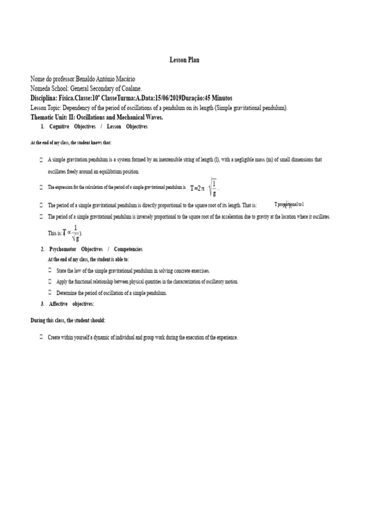 Lesson Plan I | PDF | Pendulum | Gravity
