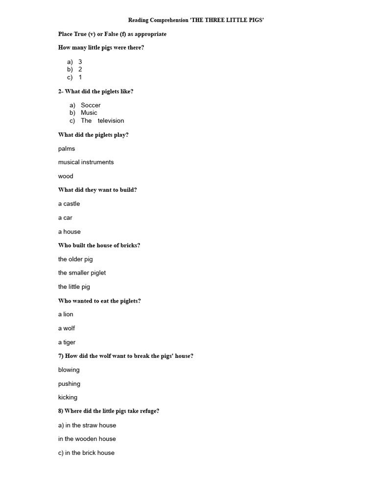 Reading Comprehension The Three Little Pigs | PDF