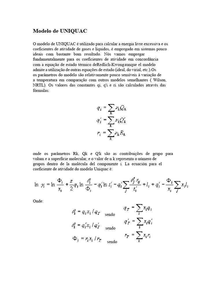 Modelo de Uniquac e Unifac | PDF | Química Física | Física Aplicada e ...