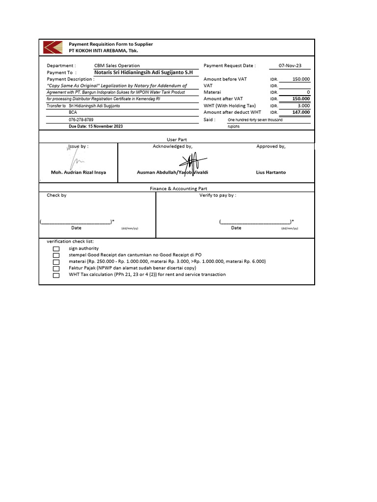 PQR Form - Addendum Legalization | PDF | Indonesian Rupiah | Payments