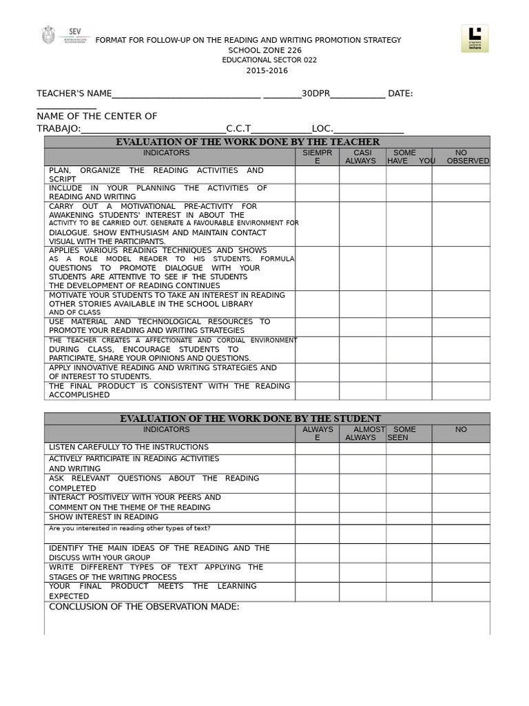 Follow-up Format for the Reading and Writing Promotion Strategy | PDF ...