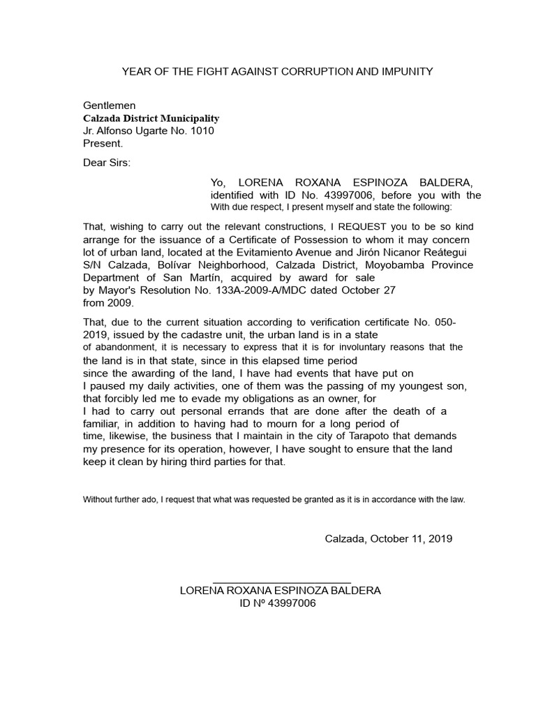 Request For Possession Certificate | PDF
