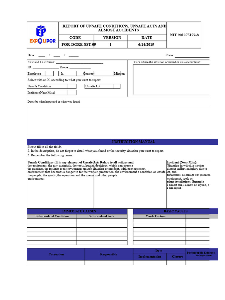 Report of Unsafe Acts, Unsafe Conditions, and Near Accidents. | PDF ...