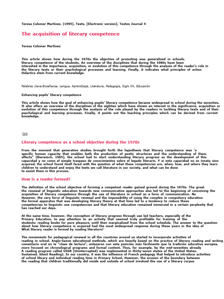 7 The Acquisition of Literary Competence - Texts Magazine, 4 | PDF ...