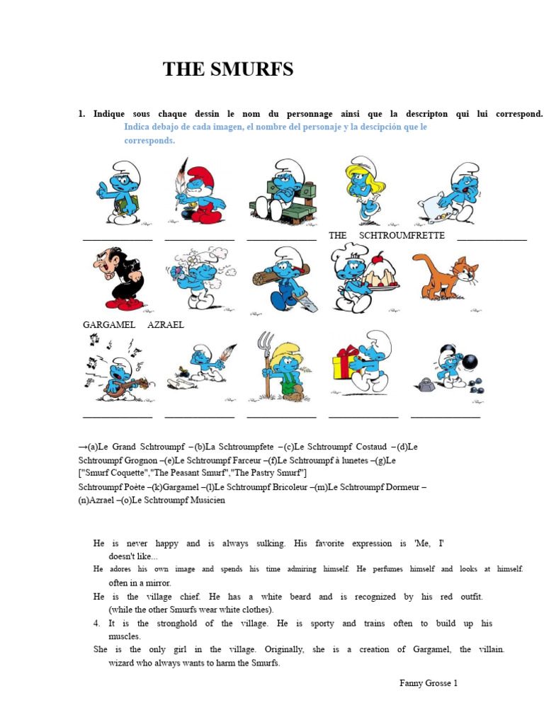 Smurfs Character Descriptions and Quiz | PDF | Dupuis Titles | Linguistics
