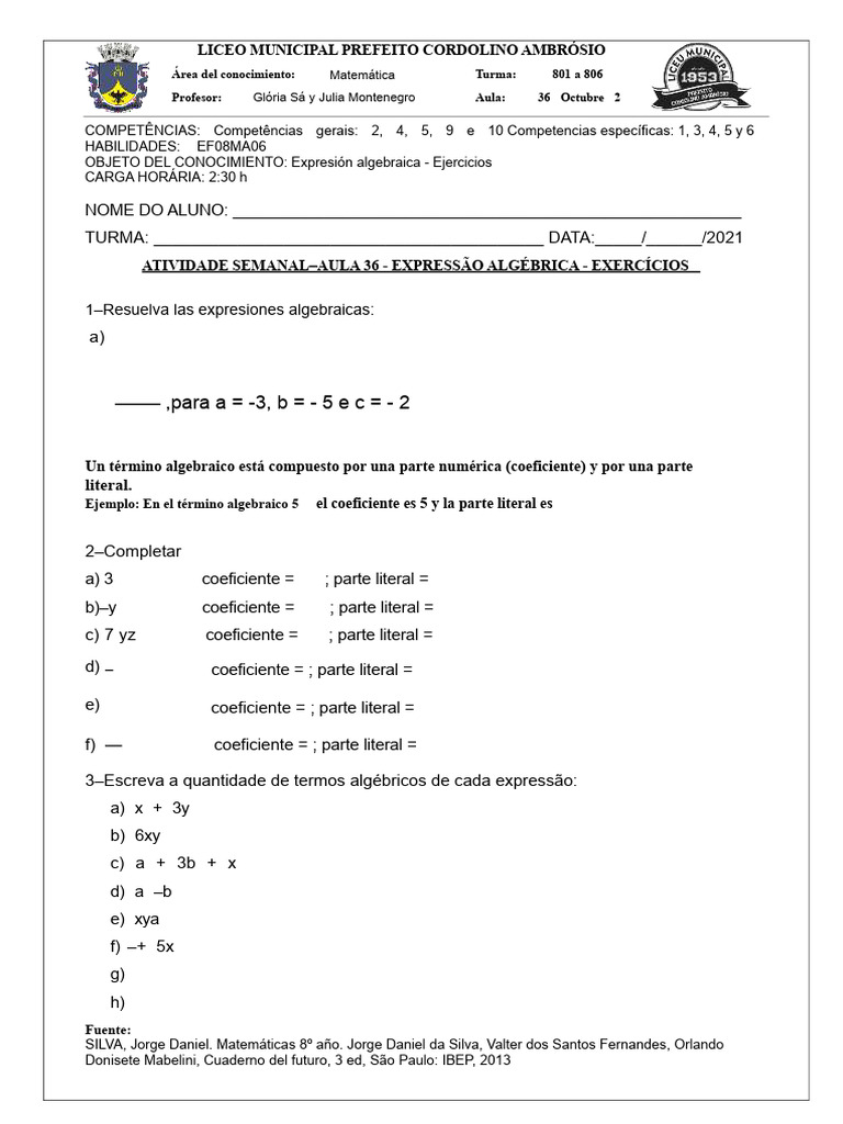 1634855543 Clase 36 8 Año Valor Numérico de una Expresión Algebraica ...
