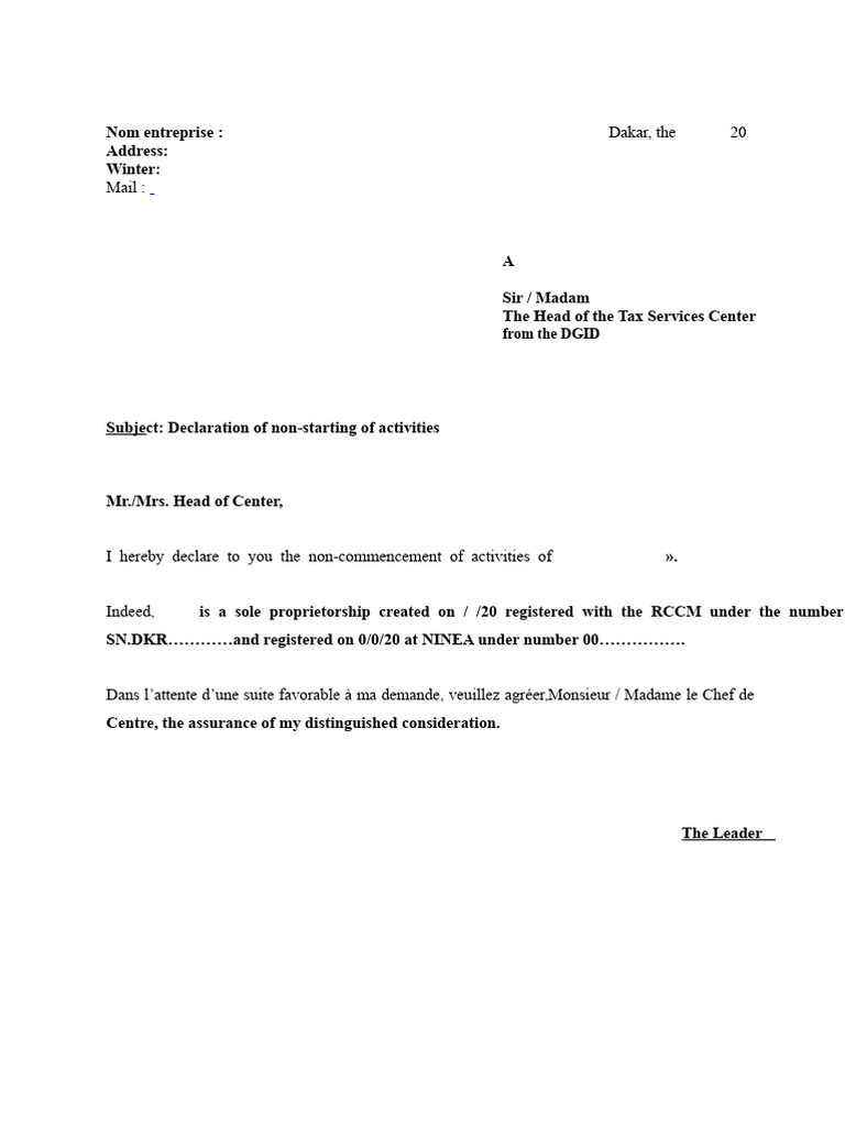 Model Letter For Declaration of Non-Start of Activities | PDF