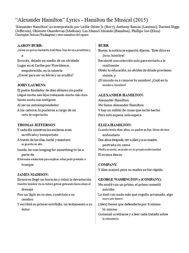 Letra de Hamilton | PDF | Hamilton (musical) | Alexander Hamilton