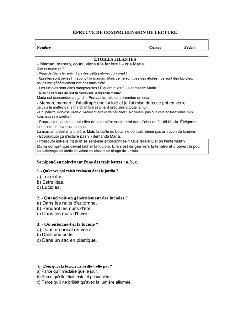 Compréhension de lecture : Les lucioles | PDF