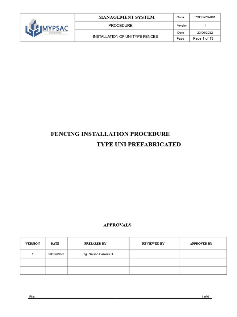 Prod-Pr-001 Procedure For Installing Uni Type Fence | PDF | Safety