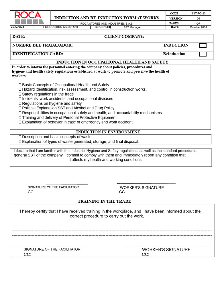 Induction Format for Occupational Safety | PDF | Occupational Safety ...