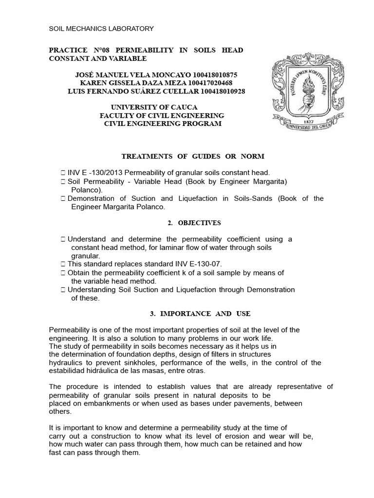 Practice N°08 Permeability in Soils Constant and Variable Head | PDF ...
