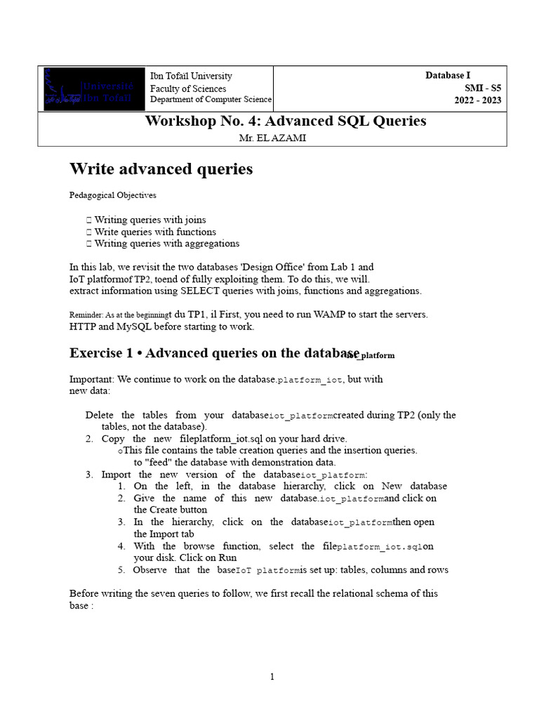 Workshop No. 4 Advanced SQL Queries | PDF | Databases | Table (Database)