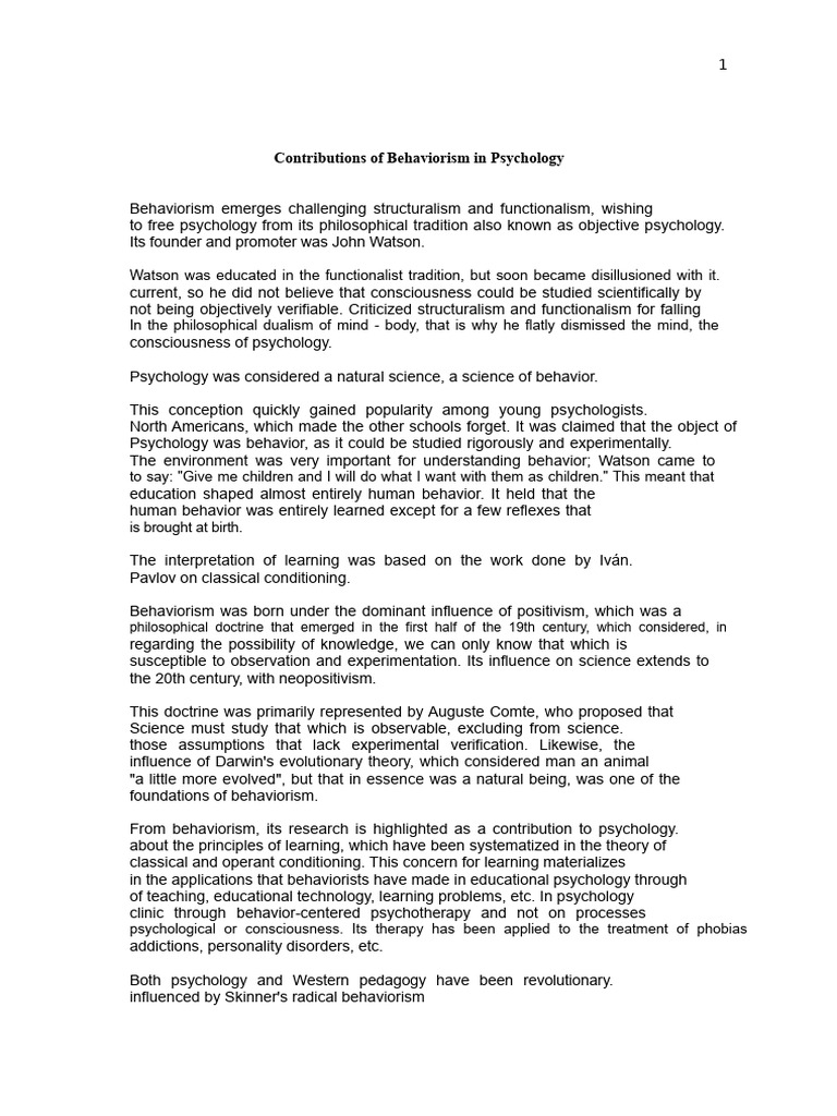 Contributions of Behaviorism in Psychology | PDF | Behaviorism | Psychology
