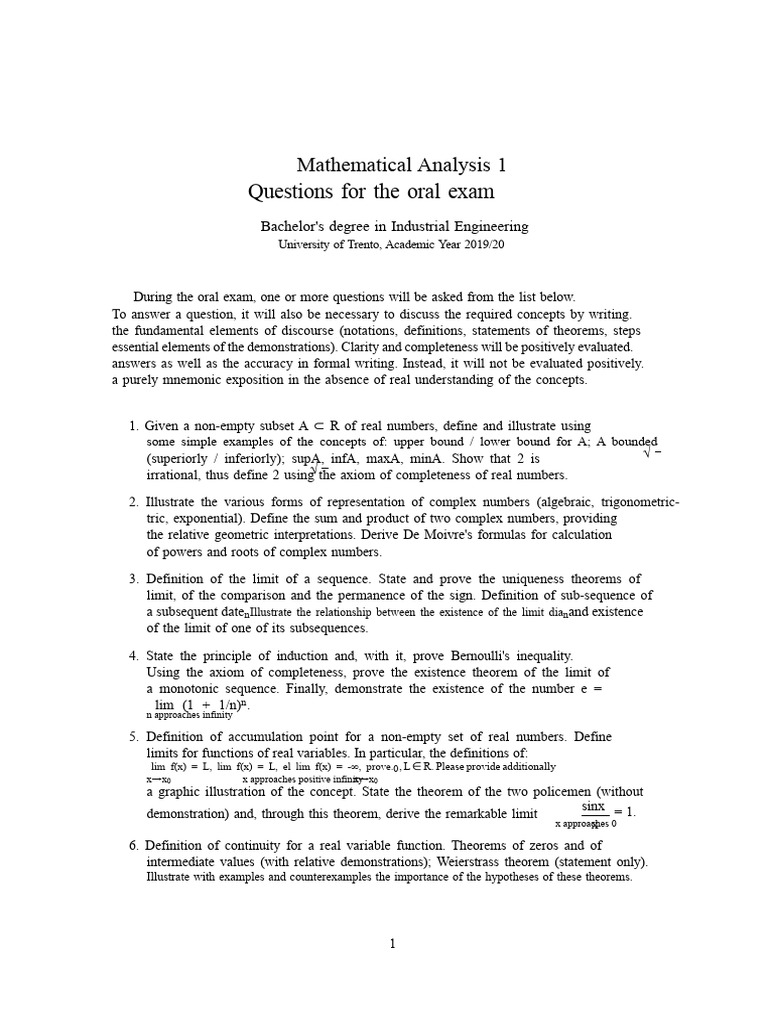 Analysis 1 - Oral Questions | PDF | Limit (Mathematics) | Numbers