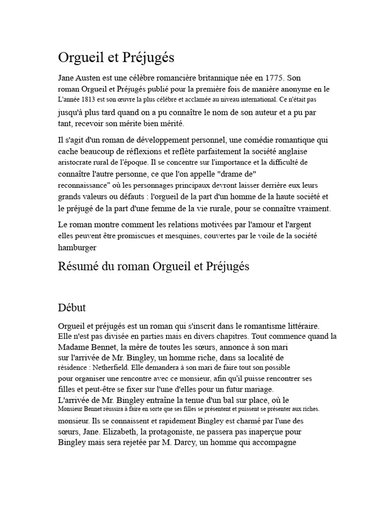 Analyse d'Orgueil et Préjugés de Jane Austen | PDF | M. Darcy | Orgueil ...