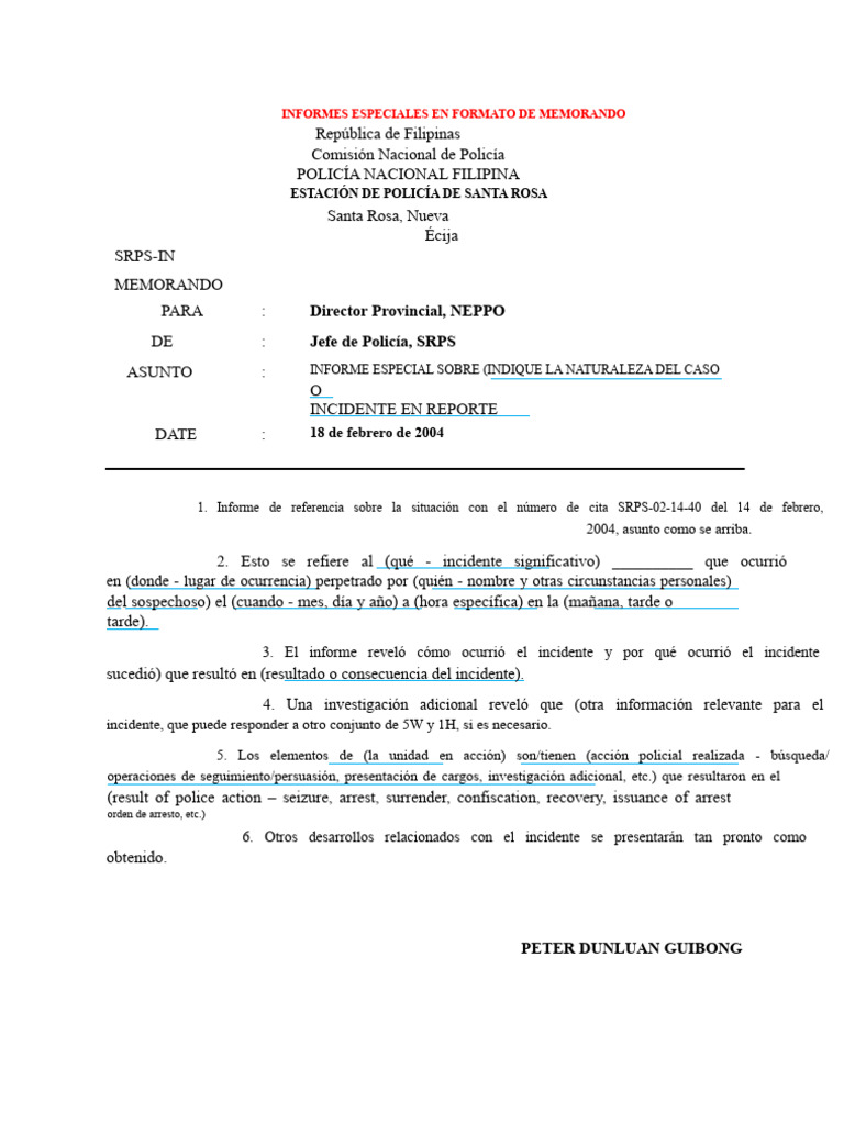 Formato de Muestra (Informe Policial) | PDF | Cumplimiento de la ley ...
