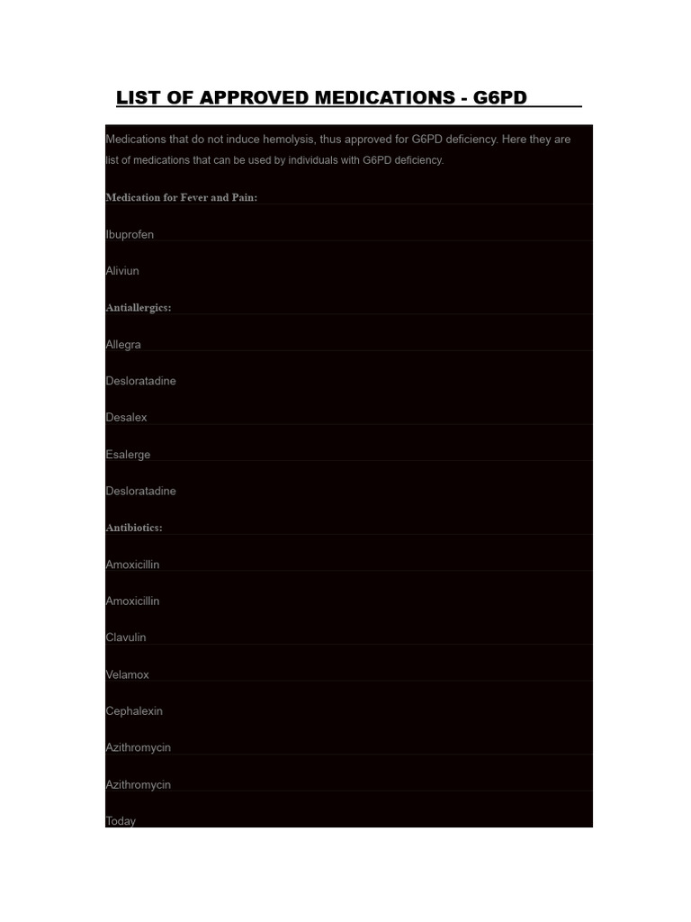 List of Medications Approved For G6PD | PDF