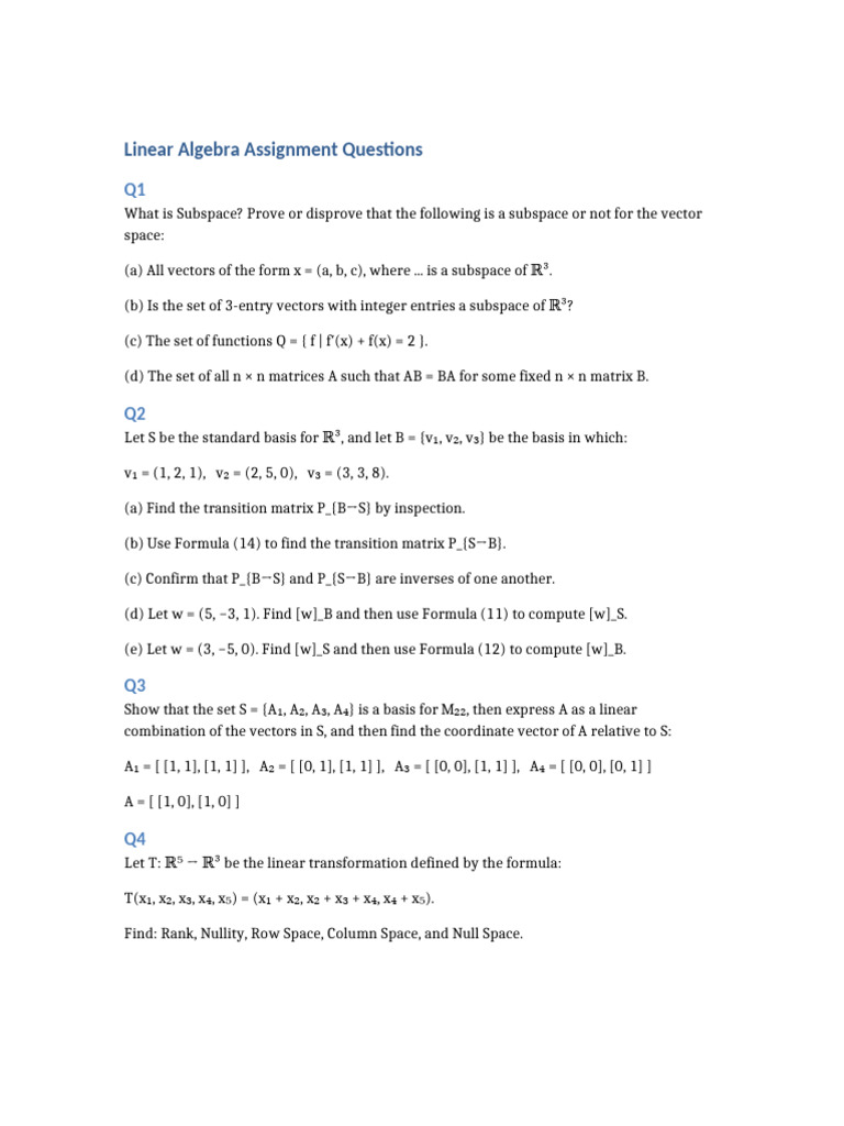Linear Algebra Assignment Questions | PDF