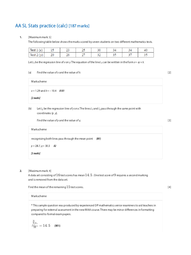 AA SL Stats Practice (Calc) Not q9 With MS | PDF | Median | Quartile