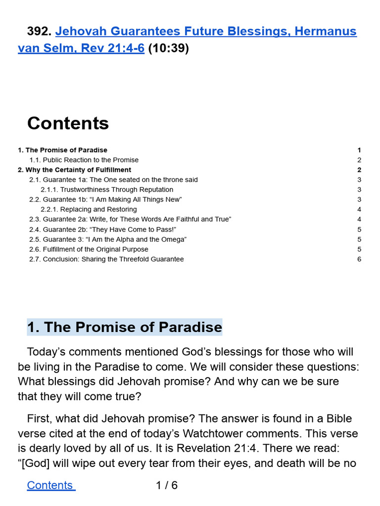 392. Jehovah Guarantees Future Blessings, Hermanus Van Selm, Rev 21.4-6 ...