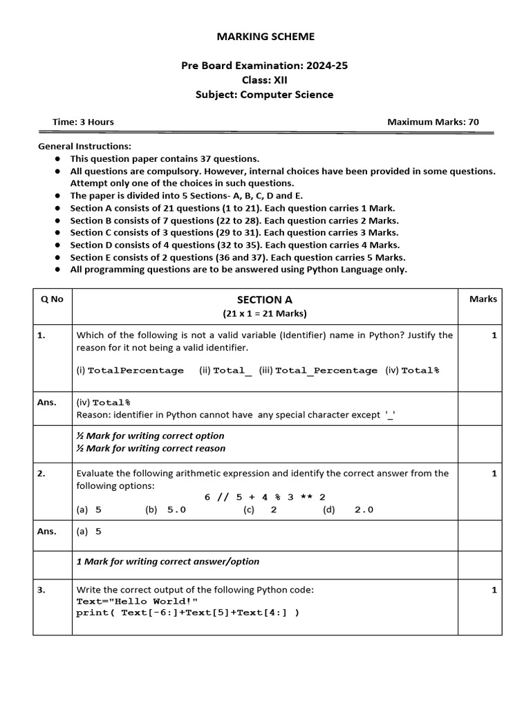 Computer Science Pre Board Exam Marking Scheme | PDF | Relational ...