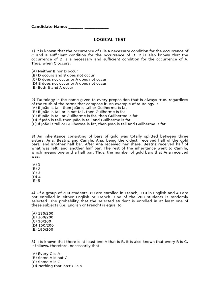 Logical Reasoning Test 1 | PDF | Logic