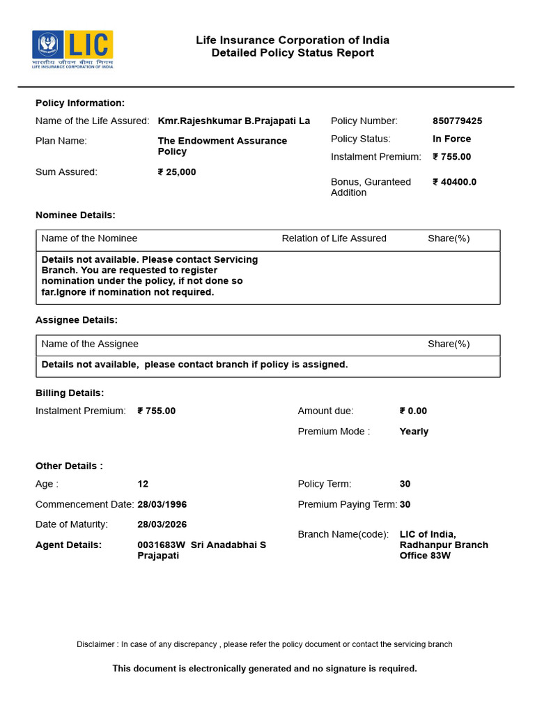 LIC Policy Status Report for Kmr. Rajeshkumar | PDF