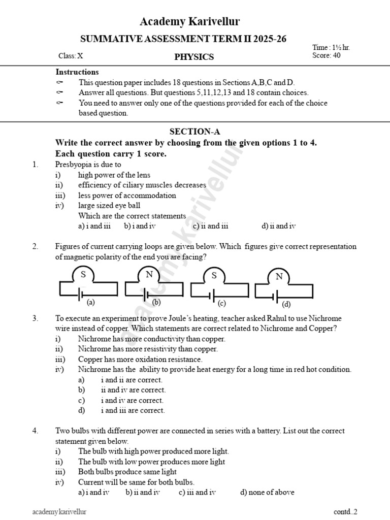 Class X Physics Assessment 2025-26 | PDF | Electric Current ...