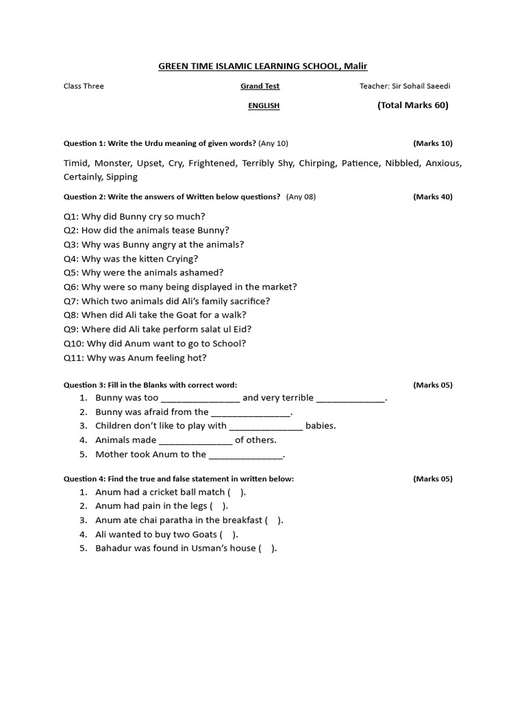 Class 3 English Grand Test Paper | PDF
