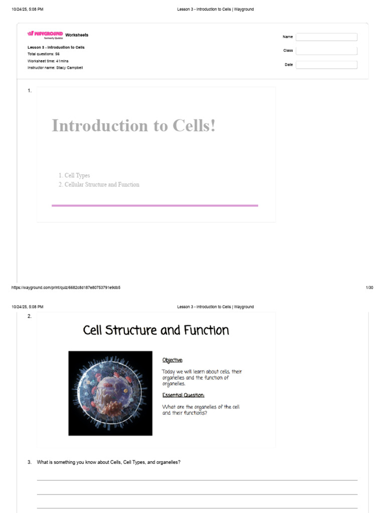 Introduction to Cells Worksheet | PDF | Cell (Biology) | Organelle