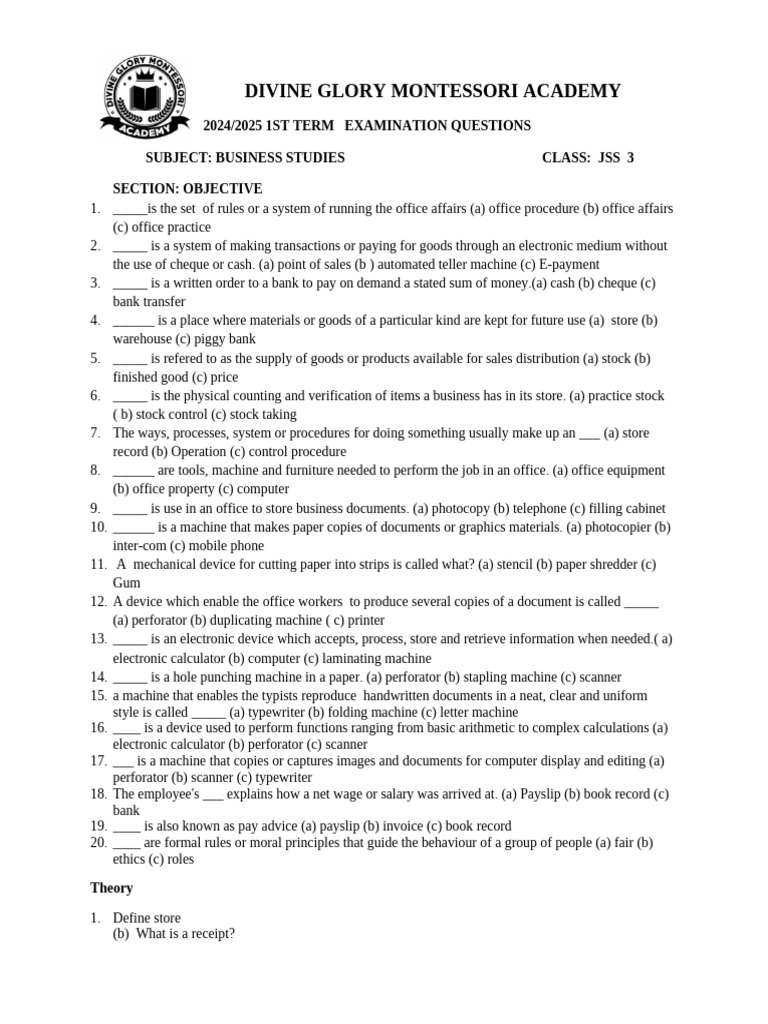 Examination Questions JSS 3 | PDF | Pentecost | Metals