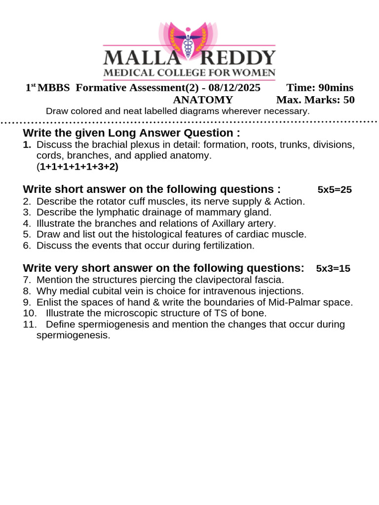 MBBS Anatomy Formative Assessment Guide | PDF