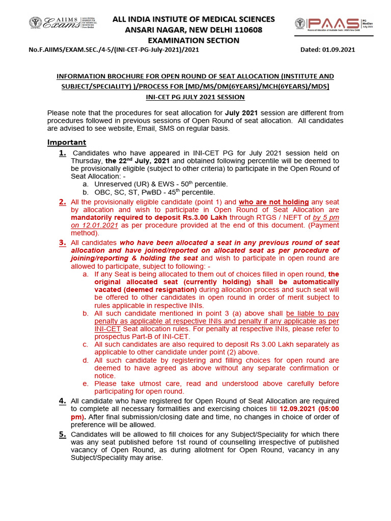 INI-CET PG July 2021 Seat Allocation Guide | PDF | Doctor Of Medicine