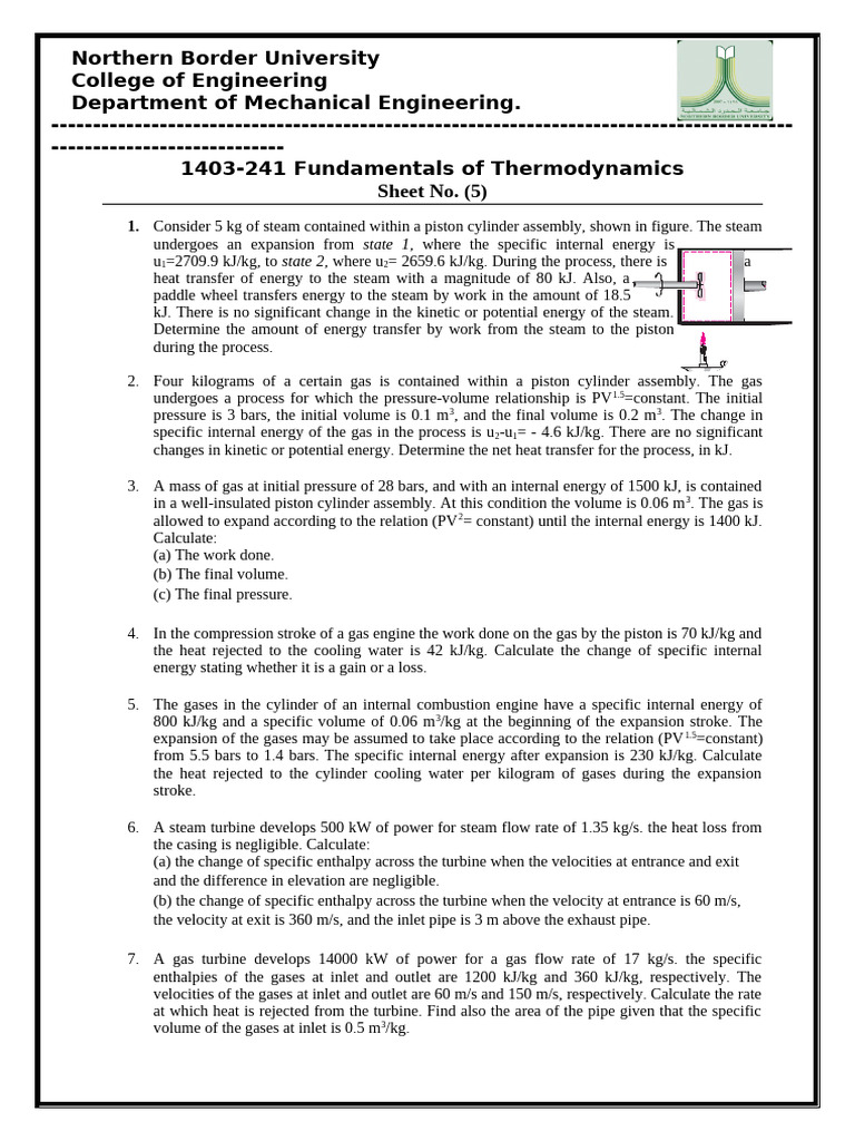 Sheet 5 - First Law of Thermodynamics | PDF | Gases | Turbine