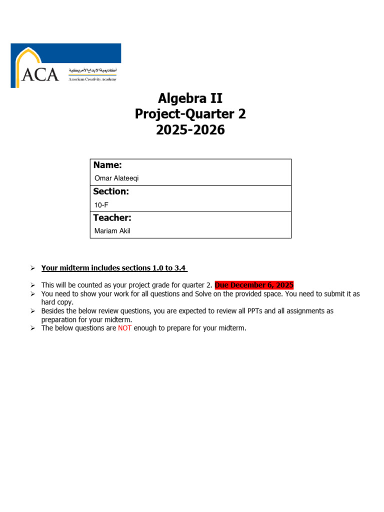 Algebra II Midterm Project Guide | PDF | Function (Mathematics) | Equations