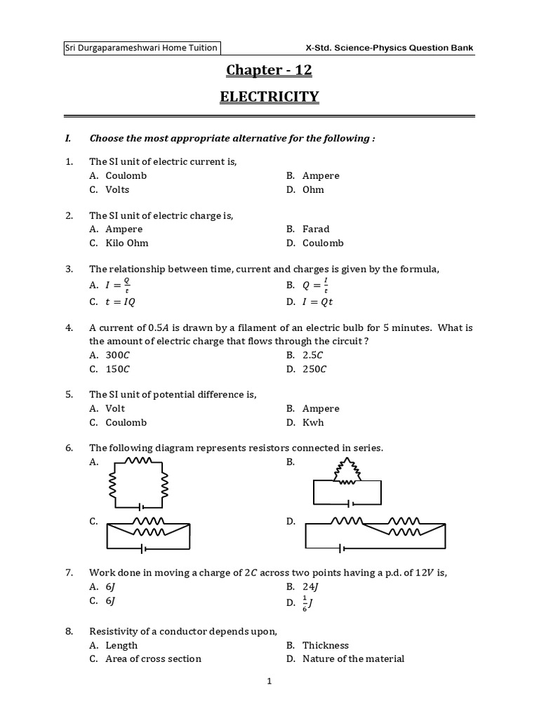 Physics Question Bank Chapter-1 Electricity | PDF | Electric Current ...