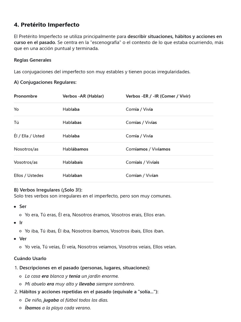 Uso y Conjugación del Pretérito Imperfecto | PDF | Verbo | Mecánica del ...