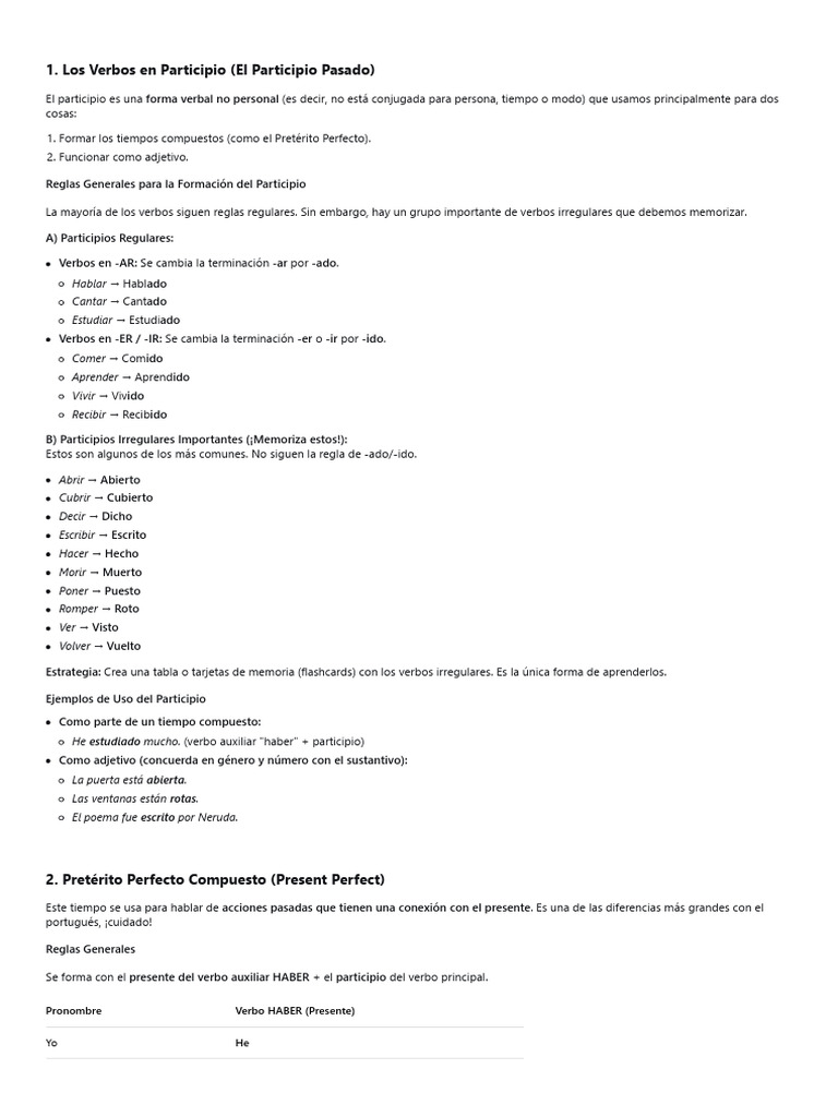 Uso del Participio y Tiempos Verbales | PDF | Verbo | Sintaxis