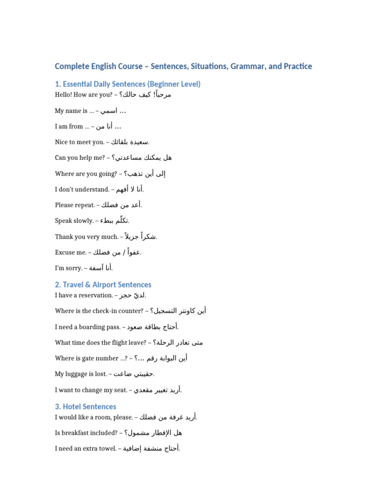 Essential English Sentences & Grammar Guide | PDF