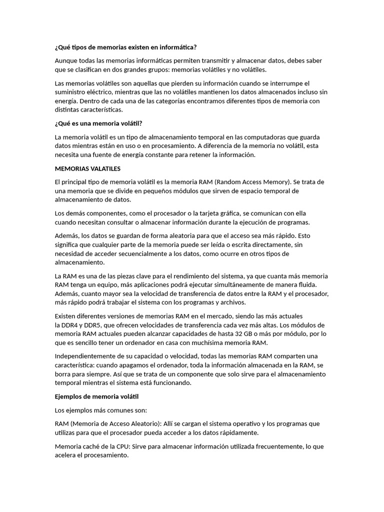 Qué Tipos de Memorias Existen en Informática | PDF | Almacenamiento de ...