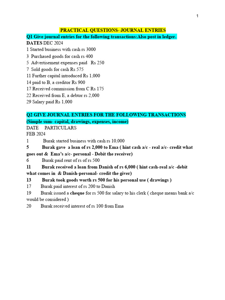 Journal Entries for Business Transactions | PDF | Debits And Credits ...