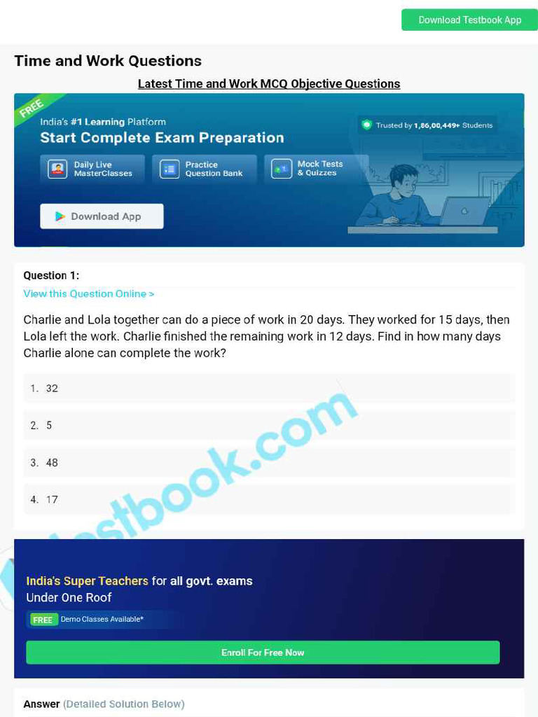 MCQ On Time and Work 5eea6a1039140f30f369e855 | PDF