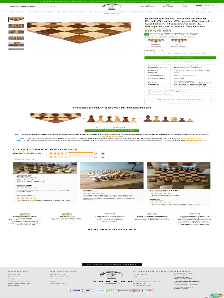 Borderless Hardwood End Grain Chess Board - Golden Rosewood & Maple ...