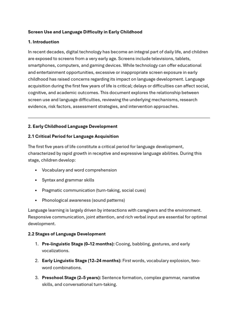 Screen Use and Language Difficulty in Early Childhood | PDF | Language ...