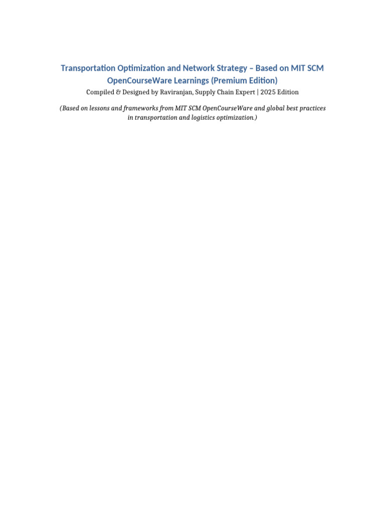 Transportation Optimization and Network Strategy MIT SCM Learnings ...